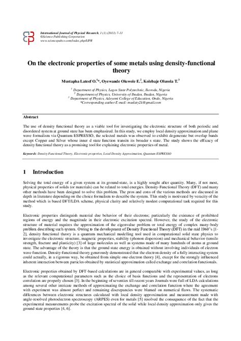 Pdf On The Electronic Properties Of Some Metals Using Density Functional Theory