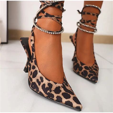 Leopard Print Heels Sexy Pointed Toe Lace Up Sandals For