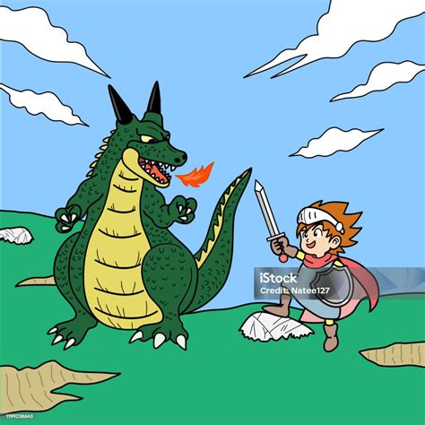 녹색 용과 싸우는 칼과 방패와 전사 기사의 비디오 게임 캐릭터 아이들의 판타지 모험 상상력을위한 만화 벡터 그림입니다 싸우기에 대한 스톡 벡터 아트 및 기타 이미지 Istock