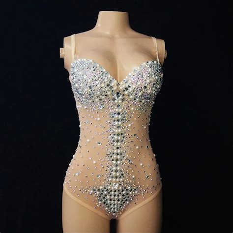 Sexy See Through V Neck Rhinestones Leotard Elastic Mesh Tights Bodys