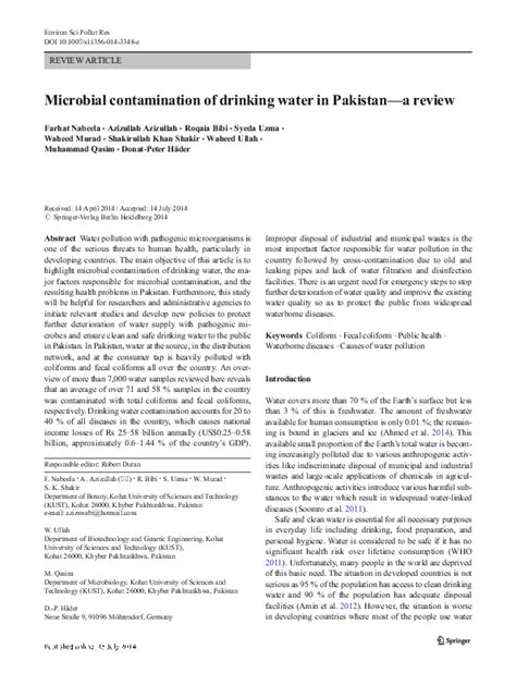 Pdf Microbial Contamination Of Drinking Water In Pakistan—a Review