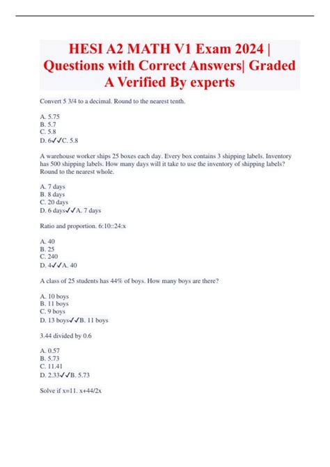 Hesi A2 Math V1 Exam 2024 Questions With Correct Answers Graded A Verified By Experts Hesi