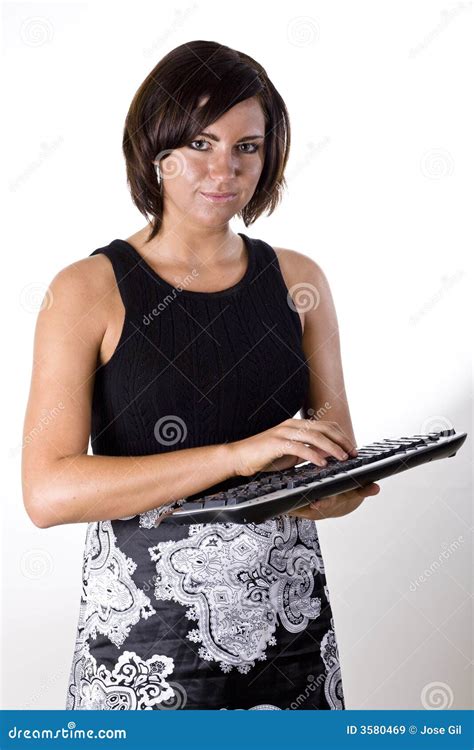 Woman With Wireless Keyboard 2 Stock Image Image Of Smile Computer 3580469