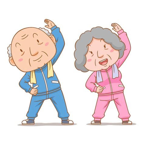 운동을 하는 조부모의 만화 캐릭터 프리미엄 벡터