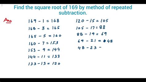 Find The Square Root Of 169 By Method Of Repeated Subtraction Class 8 Maths Square And Square