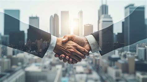 Photorealistic Double Exposure Business Handshake Against City Skyline