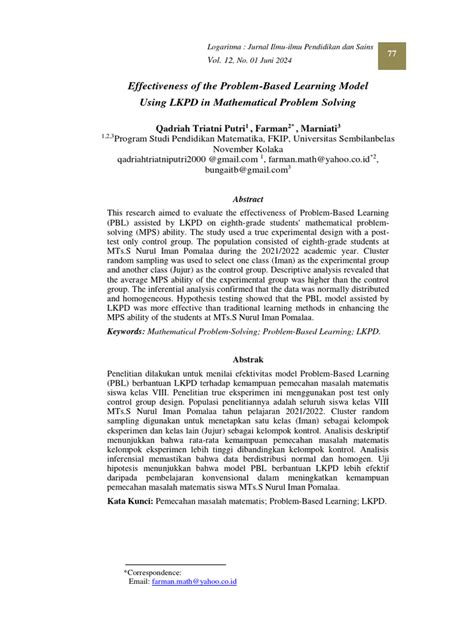 Effectiveness Of The Problem Based Learning Model Using Lkpd In