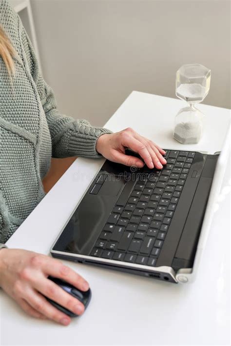 Woman Sitting At Desk And Working At Computer Hands Close Up Stock Image Image Of Computer
