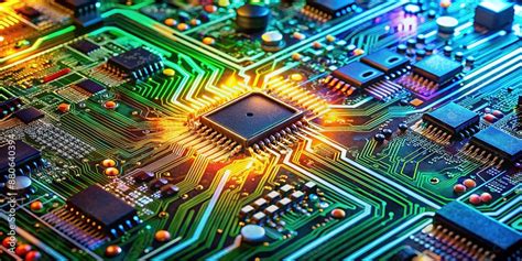 Colorful Electronic Circuit Boards With Microchips And Wires Overlap A Complex Electronic Scheme