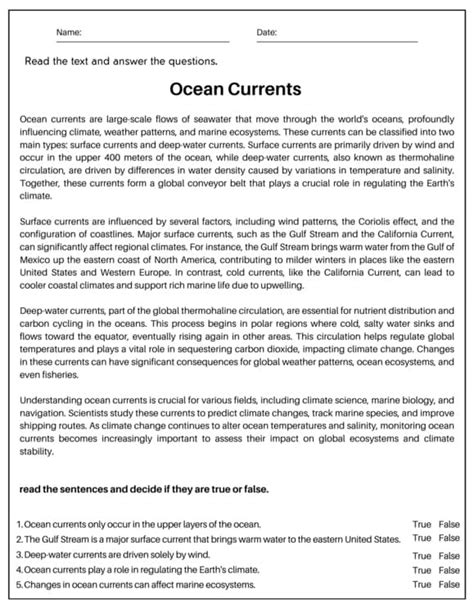 Ocean Currents Reading Comprehension Passages And Questions Worksheets