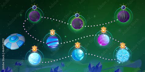 Space Game Ui Level Map With Planet Vector Galaxy Background Alien Ufo For 2d Arcade Mobile