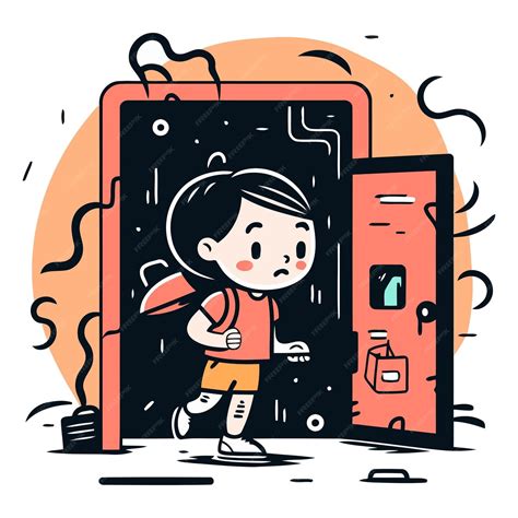 Un Dibujo Animado De Un Niño Saliendo Por La Puerta Vector Premium