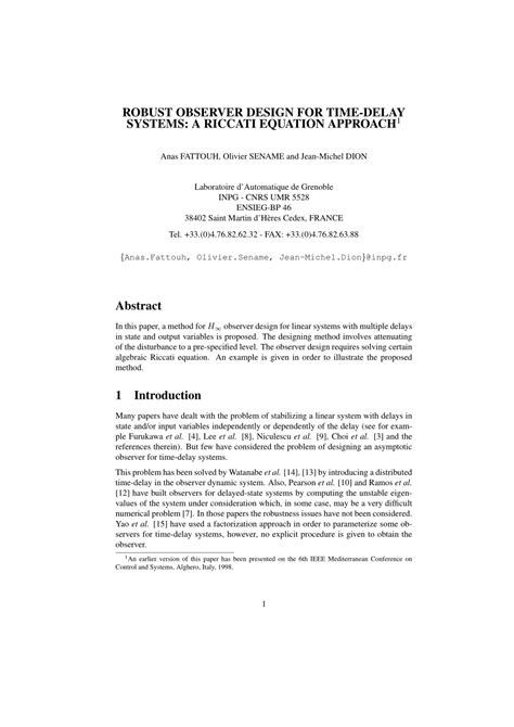 Pdf Robust Observer Design For Time Delay Systems A Riccati Equation
