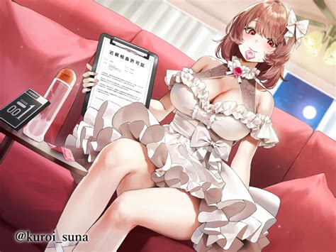 Kuroi Suna Original Highres Translated Girl Bare Legs Bare Shoulders Blush Bow Breasts