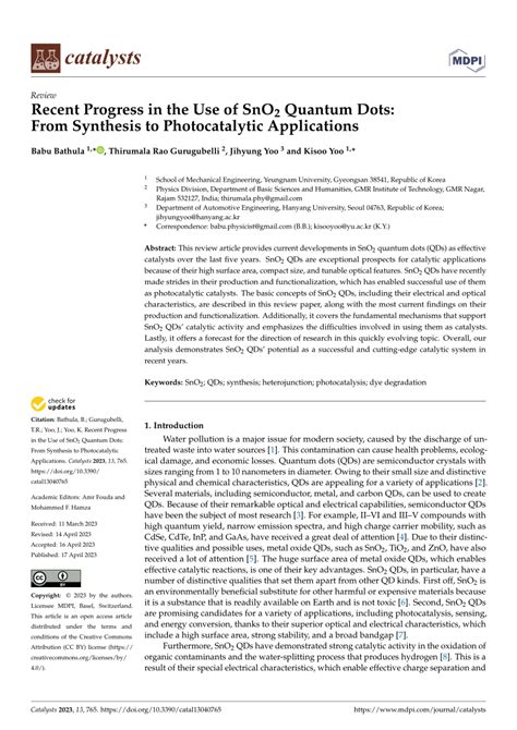 PDF Recent Progress In The Use Of SnO2 Quantum Dots From Synthesis To Photocatalytic Applications
