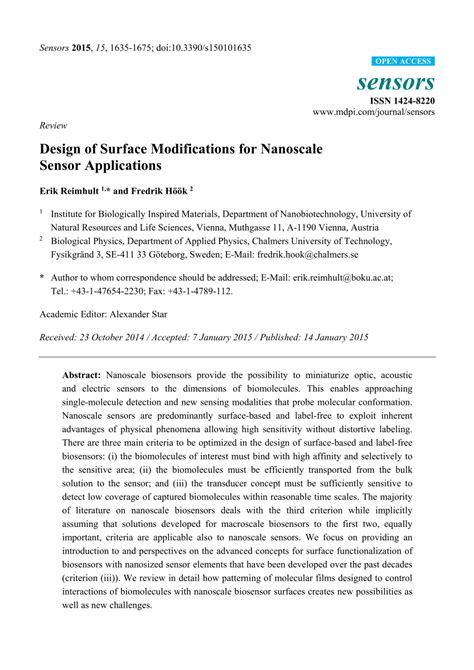 Pdf Design Of Surface Modifications For Nanoscale Sensor Applications