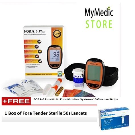 Fora 6 Plus Multi Parameter Meter Monitor 10s Glucose Strips 1 Box 50s Fora Tender Lancets