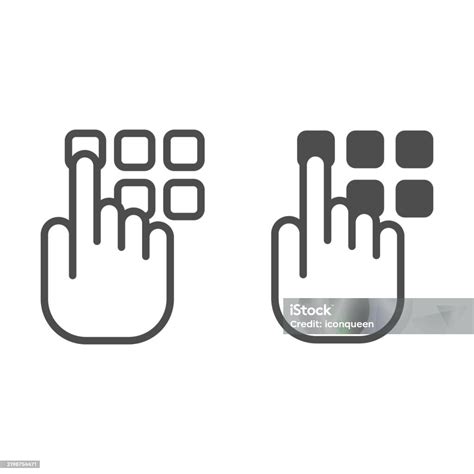 입력 핀 코드 라인과 단색 아이콘 데이터 보호 개념 벡터 그래픽 흰색 배경에 버튼 기호가 있는 손 포인터 모바일 또는 웹 디자인용 윤곽선 스타일 아이콘입니다 검은색에 대한
