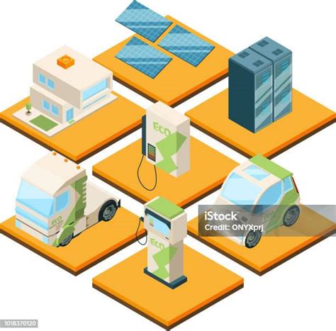 전기 기계의 역입니다 에코 자동차와 등각 투영 3 차원 풍경 3차원 형태에 대한 스톡 벡터 아트 및 기타 이미지 3차원 형태 건설 기계류 건설 플랫폼 Istock