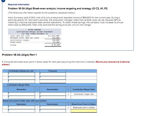 solved requlred information problem 18 3a algo break even
