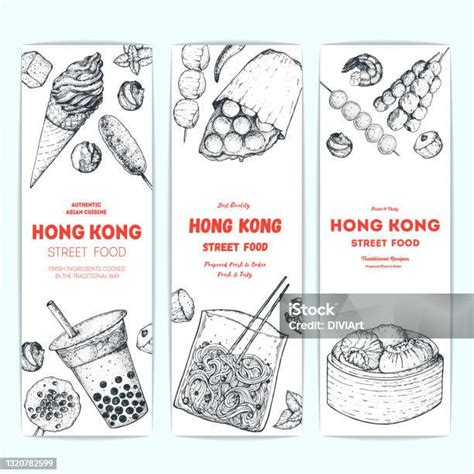 홍콩 길거리 음식 배너 컬렉션 중국 음식 메뉴 디자인 템플릿 빈티지 손으로 그린 스케치 벡터 일러스트 각인된 스타일