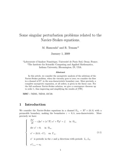 Pdf Some Singular Perturbation Problems Related To The Navier Stokes