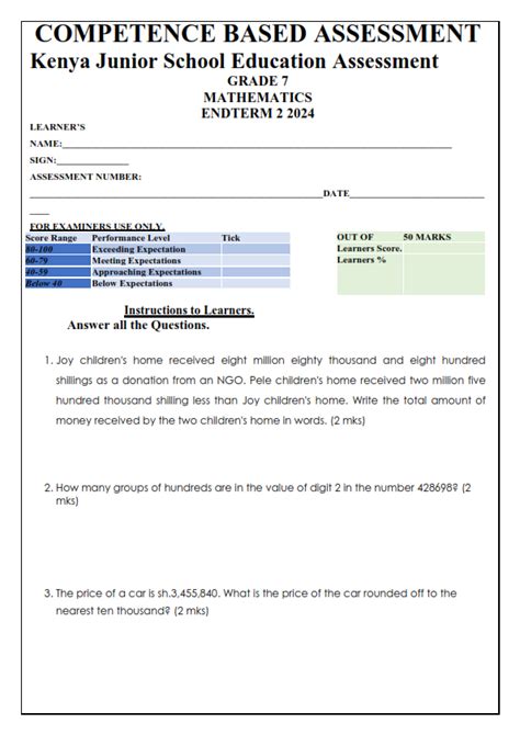 2024 Grade 7 End Term 2 Examinations With Marking Schemes Set 1 Elimu Cloud Notes Exams