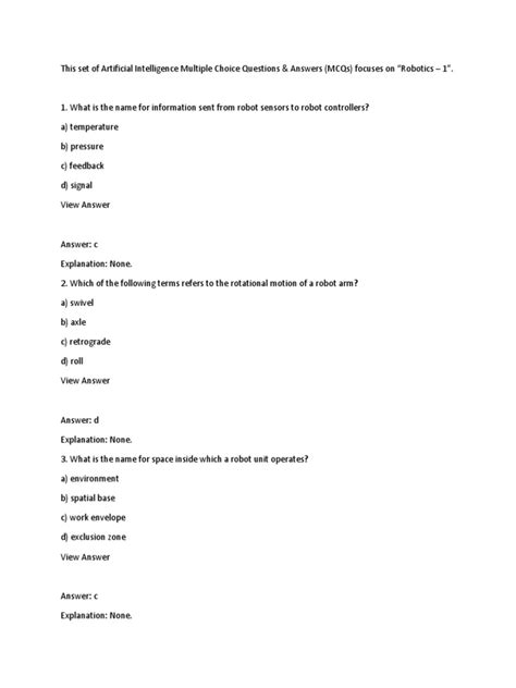 Robotics Mcq Pdf Robot Robotics