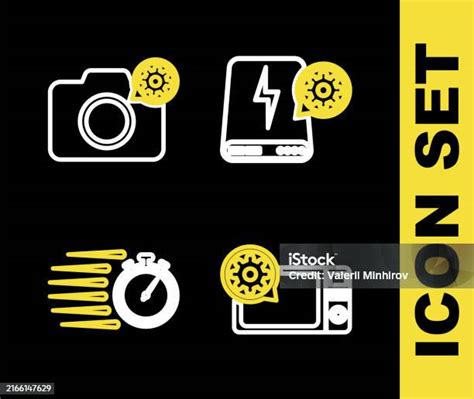라인 보조 배터리 설정 전자 레인지 스톱워치 및 사진 카메라 아이콘을 설정합니다 벡터 가정 생활에 대한 스톡 벡터 아트 및 기타 이미지 가정 생활 가정 주방 가정의