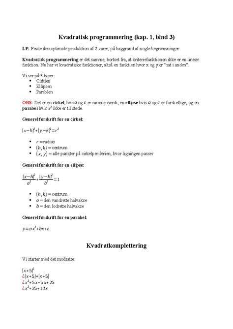 kvadratisk programmering 1 bind 3 lp finde den optimale produktion