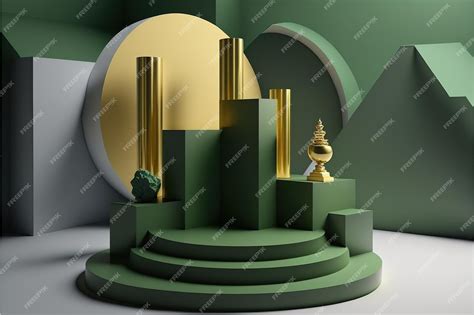 3d 배경 제품은 현대 전시회 또는 갤러리 3d 일러스트레이션을 위한 기하학적 플랫폼 포디움 받침대 레이아웃 템플릿을 사용하여