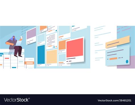 Developer Using Smartphone Creating Mobile App Ui Vector Image