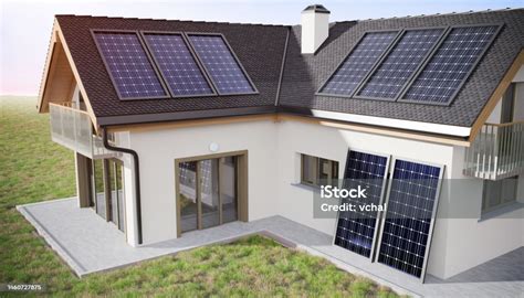 재생 가능 에너지를 생산하는 집 지붕에 있는 태양광 태양 전지판 3d 렌더링 그림입니다 0명에 대한 스톡 사진 및 기타 이미지 0명 3차원 형태 건물 외관 Istock