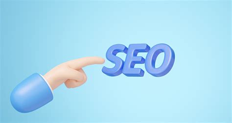 파란색 배경에 고립된 Seo를 가리키는 3d 손가락 사업가의 손과 검색 엔진 최적화 아이콘입니다 온라인 마케팅 전자 상거래 개념 만화 최소한 3d 렌더링 클리핑 패스 3차원