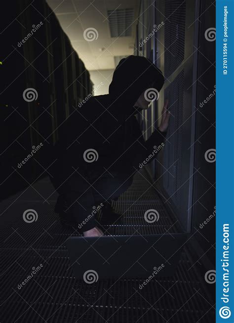 Hacking Server Room And Person On Laptop For Coding Software Data