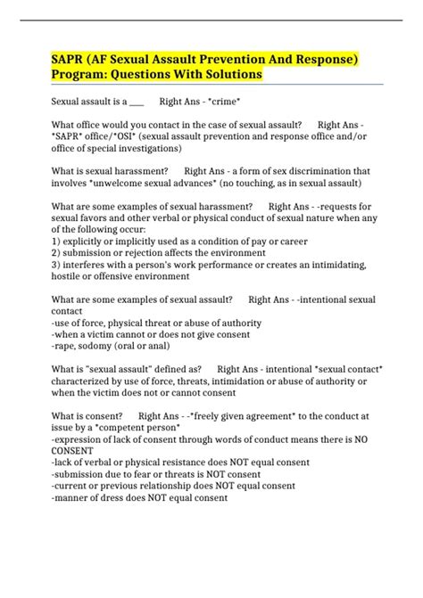 Sapr Af Sexual Assault Prevention And Response Program Questions With Solutions Sapr