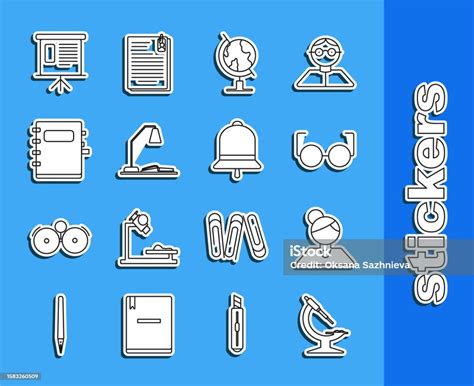 라인 현미경 지구 지구본 테이블 램프와 열린 책이 있는 직장 노트북 프레젠테이션 금융 보드 그래프 일정 차트 다이어그램 인포그래픽 파이 그래프 및 울리는 벨 아이콘을