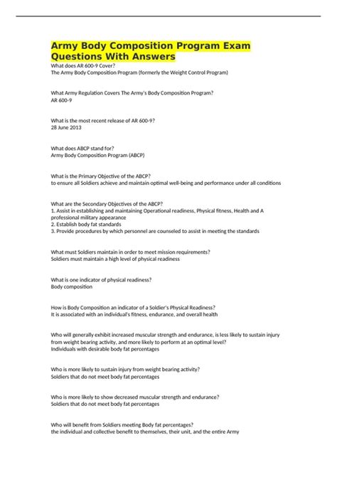 Army Body Composition Program Exam Questions With Answers Army Body Composition Program