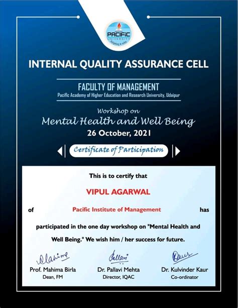 Vipul Agarwal On Linkedin Pacificuniversity Mentalhealth Wellbeing Certificateofparticipation