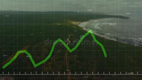 green line graph animation over aerial view of coastal landscape with