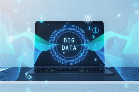 Premium Photo Close Up Of Laptop Computer With Abstract Round Big Data Hologram With Binary