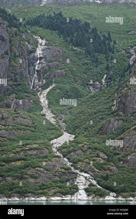 Endicott Arm Alaska A Waterfall Flows Into The Bright Green Glacial
