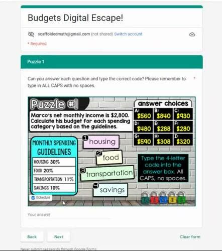 Budgets Digital Math Escape Room Activity For Budgeting Tpt