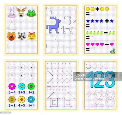 어린 아이들을 위한 정사각형 종이에 교육 페이지 세트 색칠 공부 쓰기 계산 그리기 및 추적 기술 개발 어린이 학교 교과서를 위한 인쇄 가능한 워크시트 학교로 돌아 가기