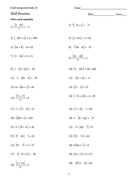 Solving Absolute Value Equations Worksheet Pdf Equations