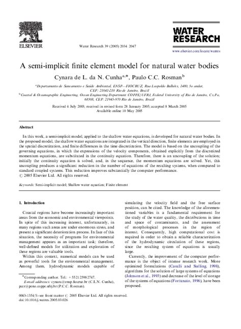 Pdf A Semi Implicit Finite Element Model For Natural Water Bodies