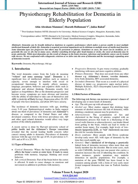 Physiotherapy Rehabilitation For Dementia In Elderly Population Abin