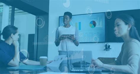 Image Of Data Processing Over African American Woman Giving A Presentation At Office Stock