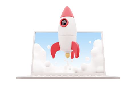 흰색 배경 3d 렌더링에 노트북 화면에서 비행 로켓3d 렌더 시작 개념 로켓에 대한 스톡 사진 및 기타 이미지 로켓 미사일 디지털 마케팅 Istock