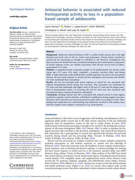 Pdf Antisocial Behavior Is Associated With Reduced Frontoparietal